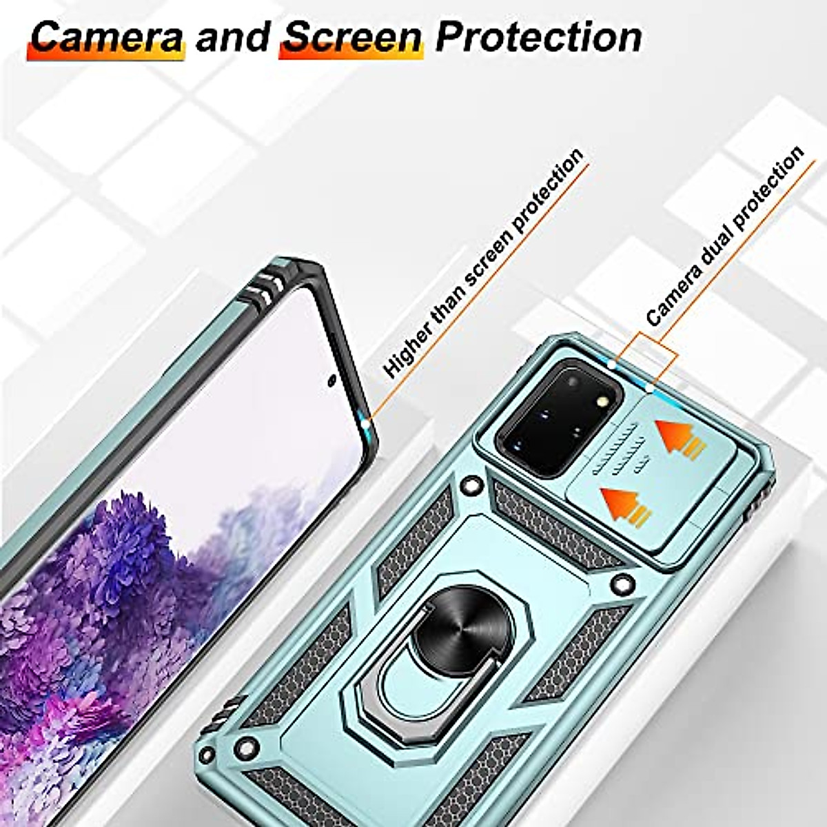 Gritup for Samsung Galaxy S20+ Plus Case with Slide Camera Cover, Build in 360° Rotating Ring Kickstand [Military Grade] Protective Case for Galaxy S20 Plus 5G, Dark Green