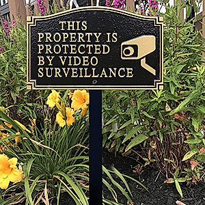 SmartSign 5.75 x 9.5 inch “This Property Is Protected By Video Surveillance” GardenBoss Statement Plaque with 18 inch Lawn Stake, 375 mil Rustproof Aluminum, Black and Gold, Set of 1