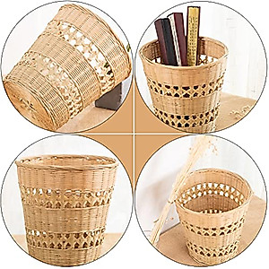 Cabilock Seagrass Waste Basket Bamboo Waste Basket Office Paper Wastebasket Rattan Woven Storage Baskets Decorative Round Rustic Farmhouse Trash Can for Bedroom Desktop Coffee Office Decor