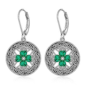 St Patricks Day Shamrock Earrings for Women Sterling Silver Green Celtic Knot Four Leaf Clover Irish Dangle Drop Earrings Crystal Vintage Black Circle Leverback Valentines Day Gift
