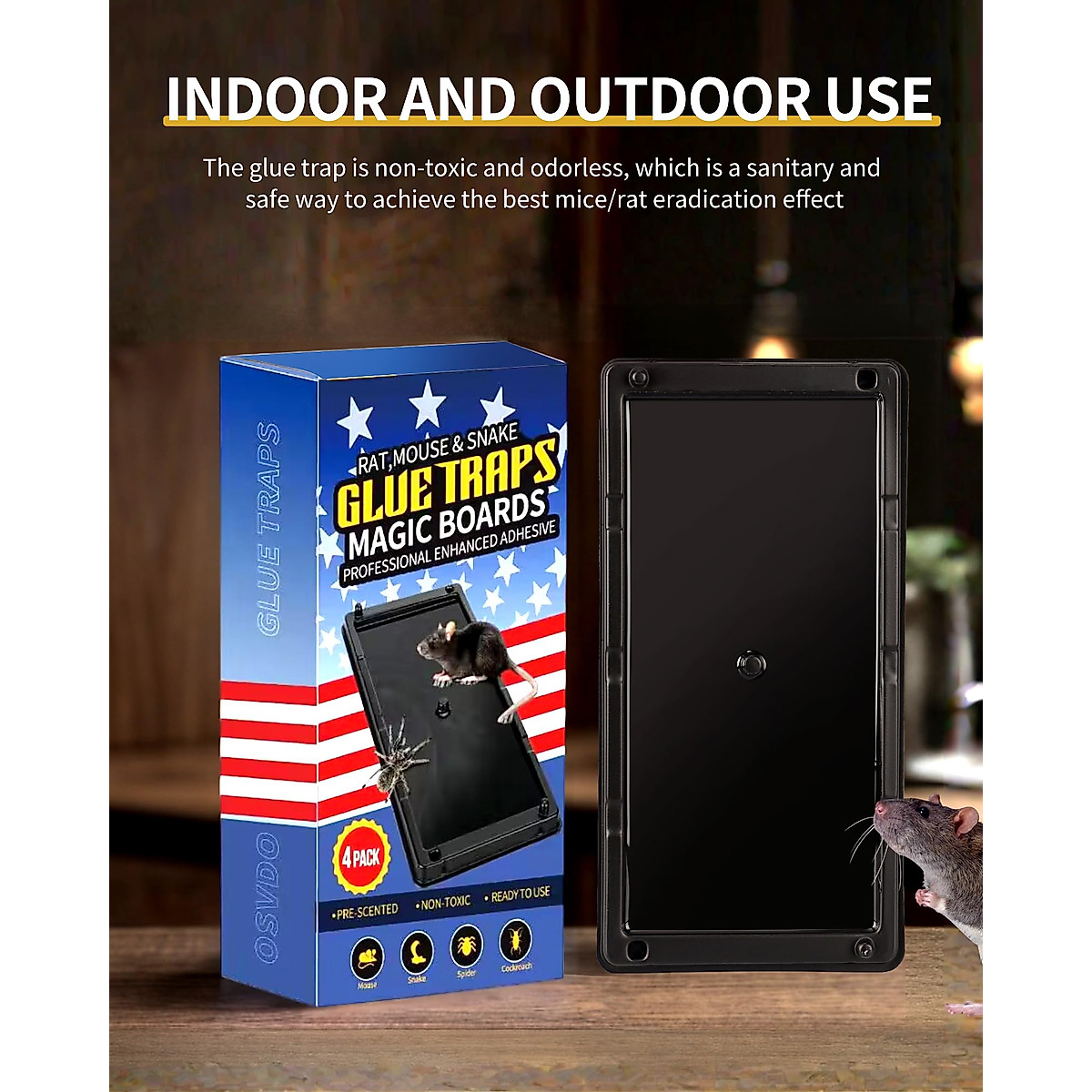 OSVDO Rat Trap, Large Chipmunk Traps, Mouse Glue Traps for Indoor, Super Strong Adhesive Mouse Boards for Mouse Rat Chipmunk, Easy Set Up and Clean - 4 Pack Black Boards