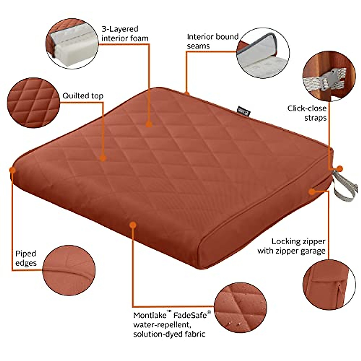 Classic Accessories Montlake FadeSafe Water-Resistant 21 x 19 x 3 Inch Rectangle Outdoor Quilted Seat Cushion, Patio Furniture Chair Cushion, Spice