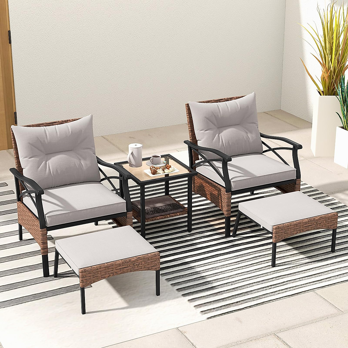 Tangkula 5 Pieces Wicker Patio Furniture Set, Outdoor Rattan Chairs with Ottomans, Cushions and 2-Tier Tempered Glass Side Table, Patio Conversation Bistro Set for Garden, Porch, Balcony
