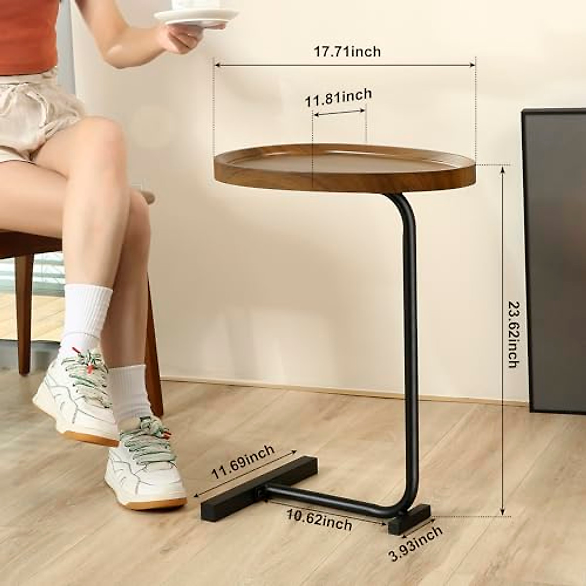 Eansstofars Small Side Table for Small Spaces, Narrow C Shaped End Table for Sofa Couch and Bed, Walnut and Black, Perfect for Indoor, Living Room, Bedroom, Bathroom