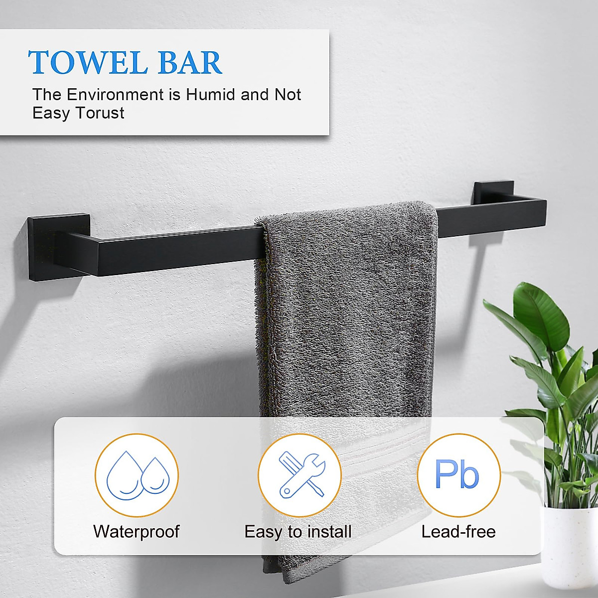 TNOMS 6-Piece Black Bathroom Hardware Set 23.6 Inch Towel Bar Set Double Towel Bar Towel Ring Coat Hook and Toilet Paper Holder with Shelf Wall Mounted Stainless Steel Bathroom Accessories Set