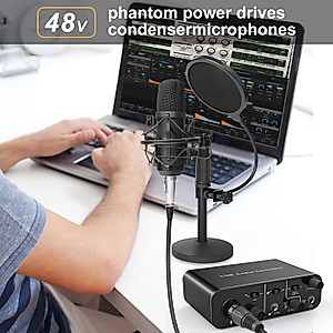 USB Audio Interface for Recording Music, XLR interface with 48V Phantom Power, TRS balanced with Headphone Amplifier, AudioBox Mic Preamps 48v 2 Channel for PC/Win/Mac Streaming and Podcasting