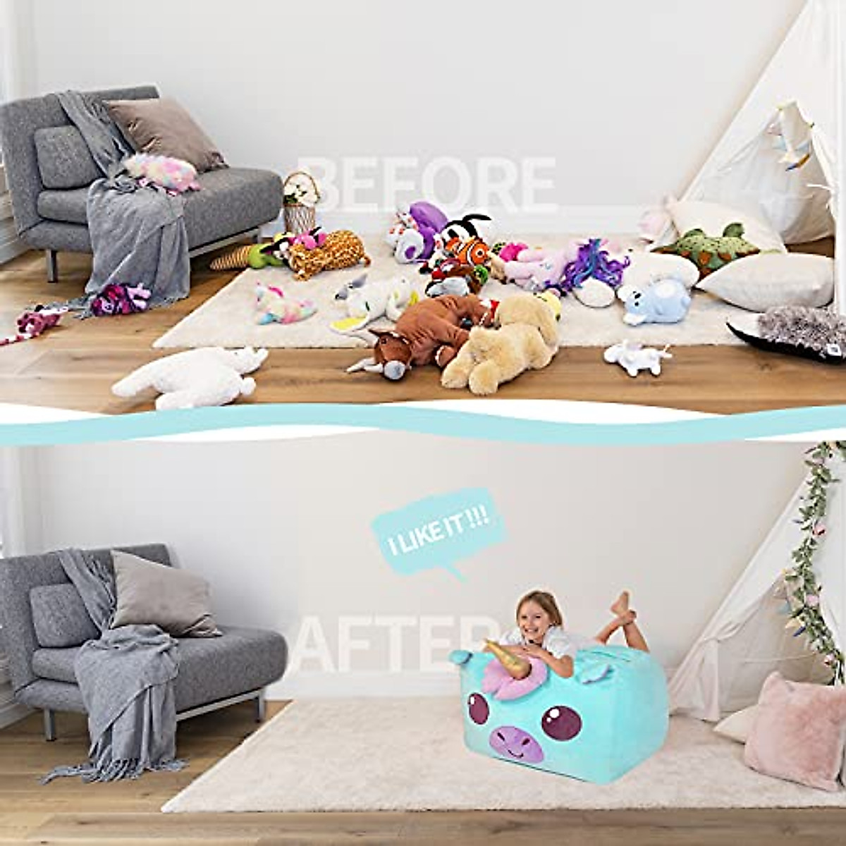 Aubliss Unicorn Stuffed Animal Storage Bean Bag Chair for Kids, Velvet Extra Soft Beanbag Chairs Cover, X-Large Stuffable Zipper Bean Bag for Organizing Plush Toys Girls Bedroom Decor, Cyan