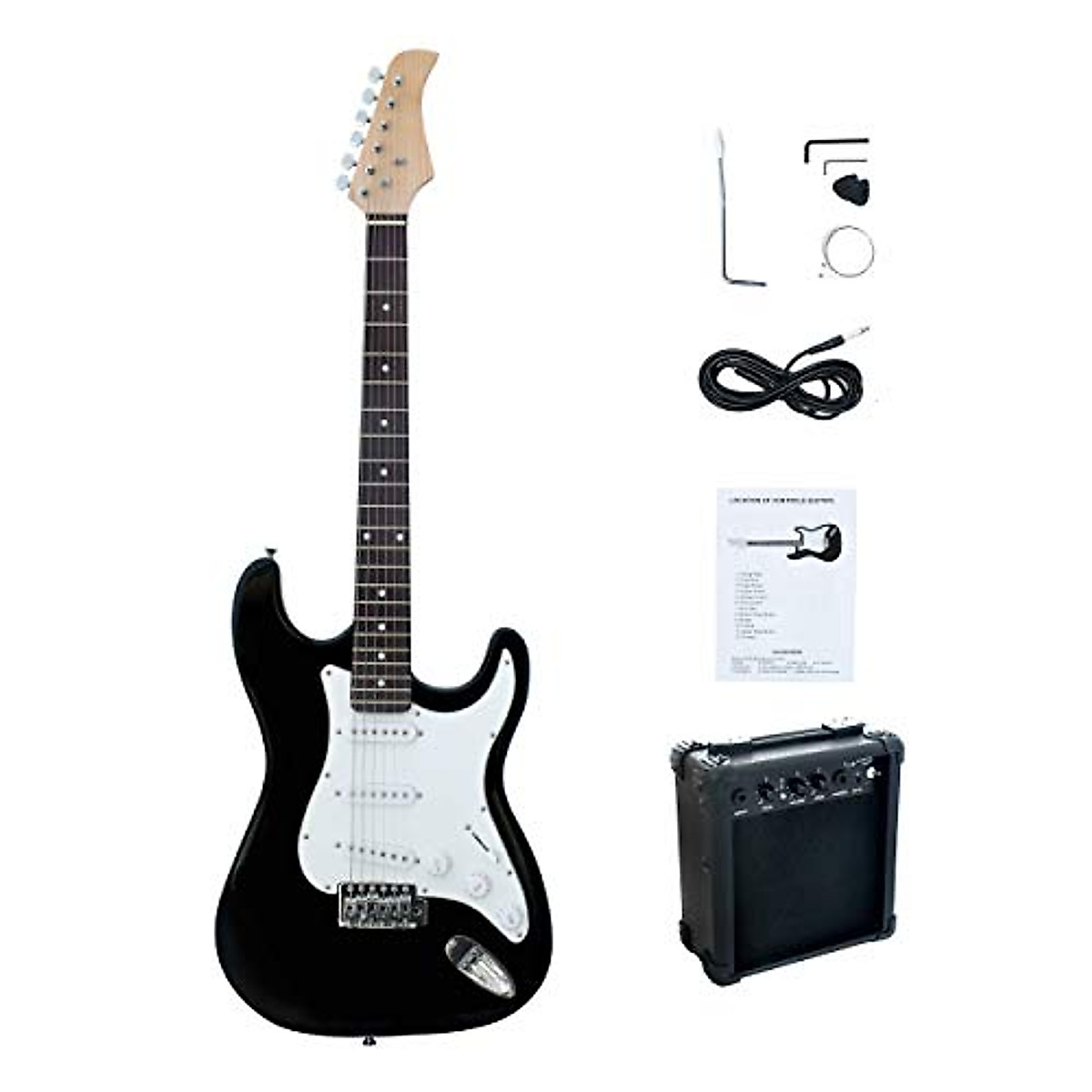 CB SKY Full-Size 39“ Adult/Teenager/Beginner Electric Guitar Black with 5W Amplifier (powered by 9V battery or adaptor - not included), Extra Strings, Cable and Guitar Pick (Black)