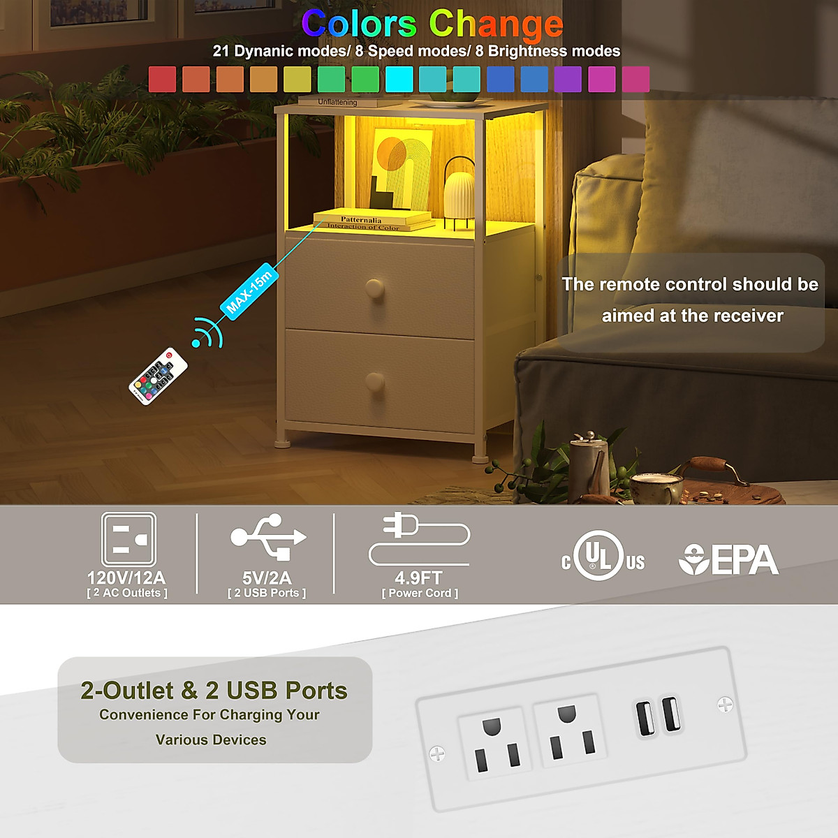 Tohomeor Sofa End Tables with Charging Station LED Light Nightstand Bedroom Bed Side Dresser with Fabric Drawers Open Storage Shelf Living Room with USB Ports and Outlet (White, 1 Pack)