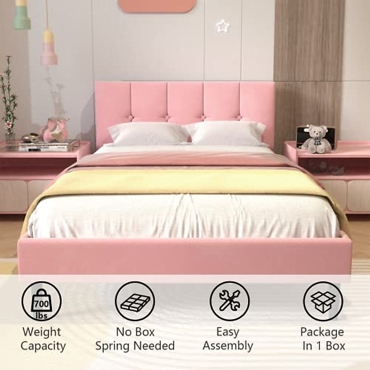 Lijimei Fabric Upholstered Twin Platform Bed Frame,Modern Upholstered Platform Bed with Headboard, Heavy Duty Bed Frame with Wood Slat Support, No Box Spring Required, Easy Assembly,Pink
