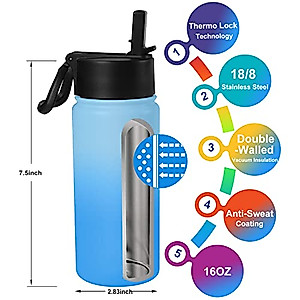 Akyta 16 oz Kids Water Bottle- Stainless Steel Vacuum Insulated Water Bottles, Keep Water Cold or Hot, Leakproof Wide Mouth Thermos Sports Metal Water Bottle With Straw/Spout lid (Blue, 16oz)