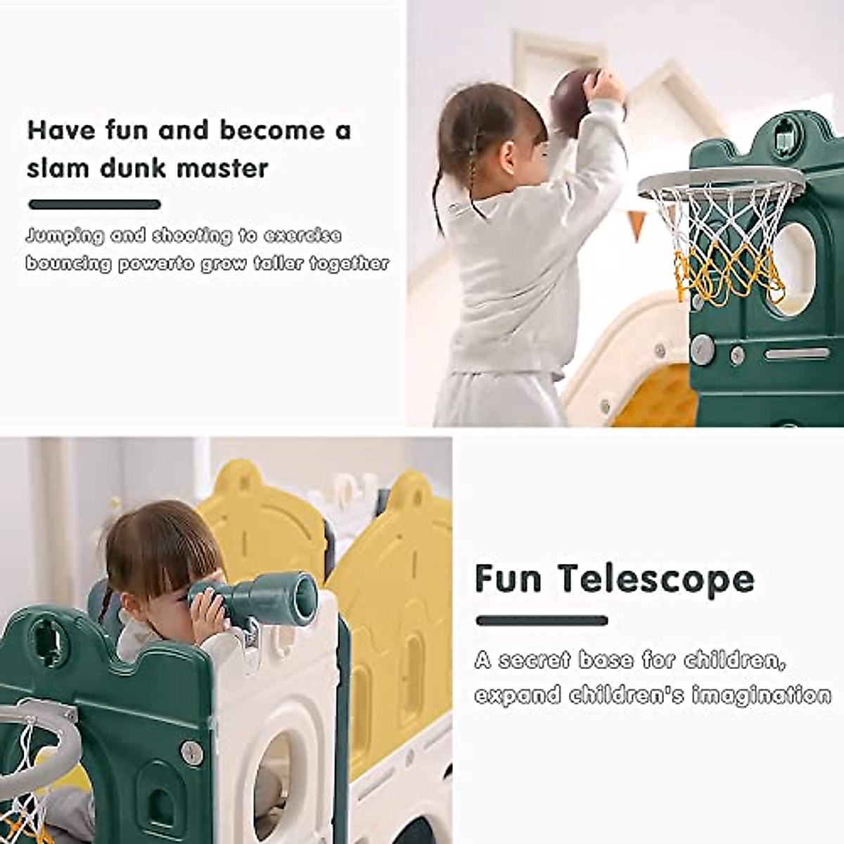 Lischwert Toddler Slide, Indoor Slide Playground Set for Kids, Outdoor Slide Freestanding Playset, 7-in-1 Slide with Basketball Hoop and Climber for Kids Age 1+(Yellow/Green)