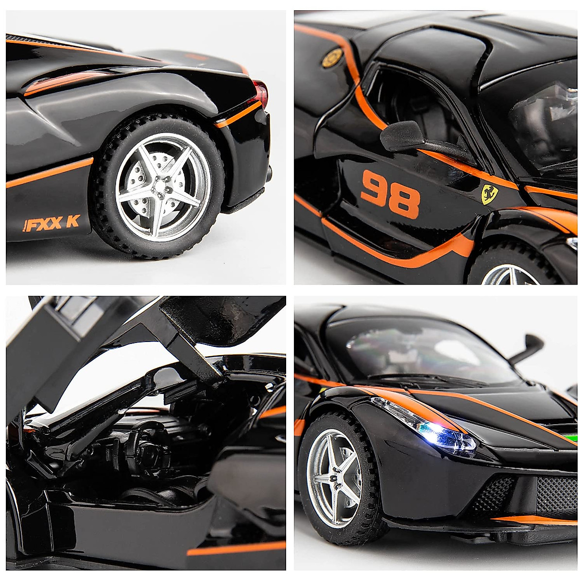 BDTCTK Compatible for 1:32 Ferrari FXX K Model Car, Zinc Alloy Pull Back Toy Car with Sound and Light for Kids Boy Girl Black