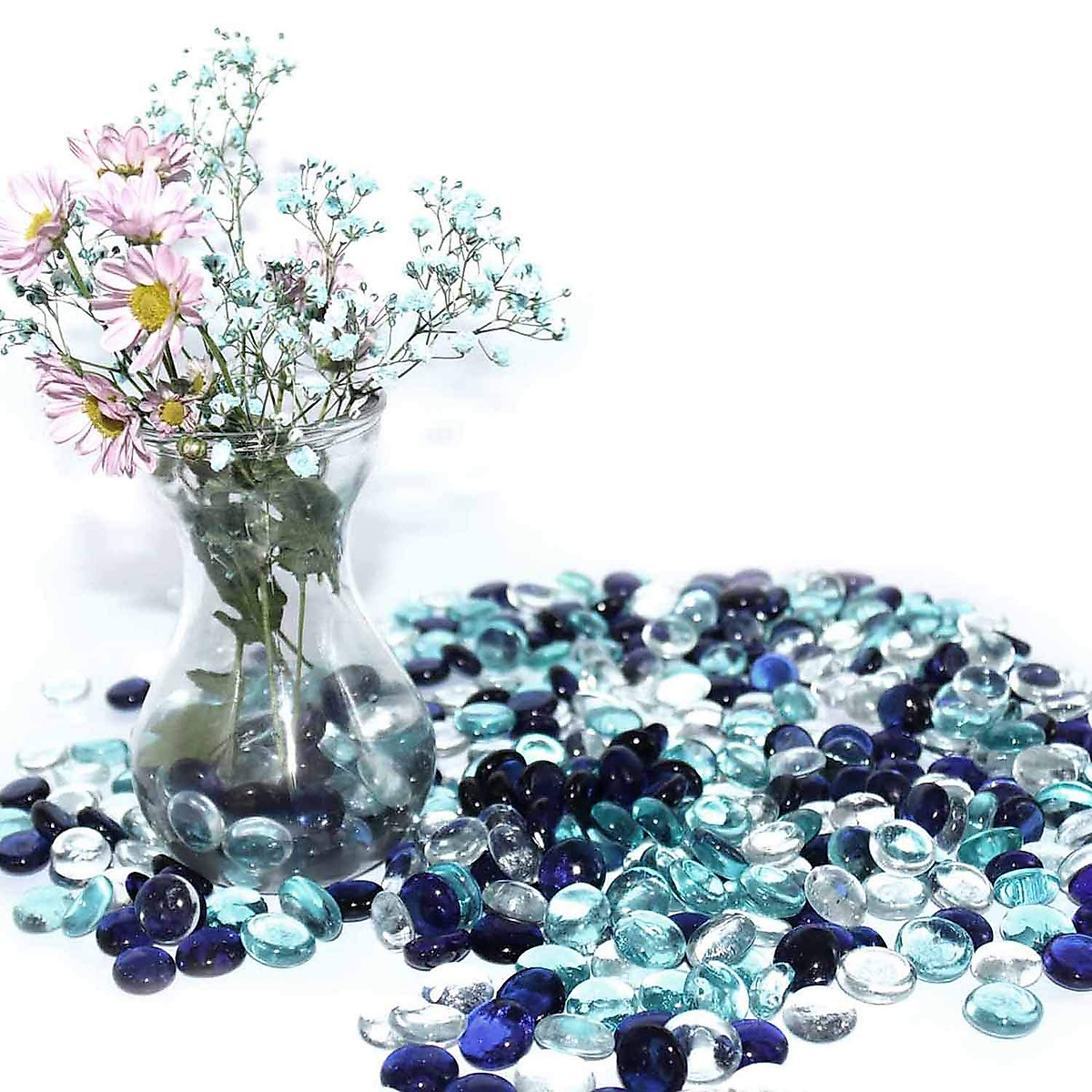 Flat Glass Marbles for Vases - 5 LB Mixed Blue Aqua and Clear Decorative Stone Beads for Vases, Crafts, Colored Rocks Table Scatter, Aquarium Fish Tank Pebbles, Centerpieces Gem Décor Floral Displays