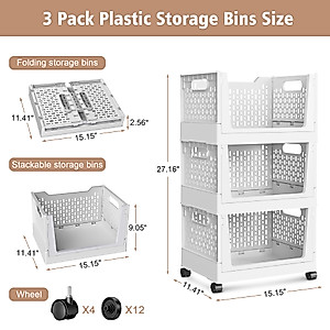 Stackable Storage Bins, Folding Collapsible Closet Organizers and Storage Bins Box, Plastic Shelves Drawer Organizer Container for Closet Office Bedroom Kitchen Bathroom with Wheels, White, 3 Pack