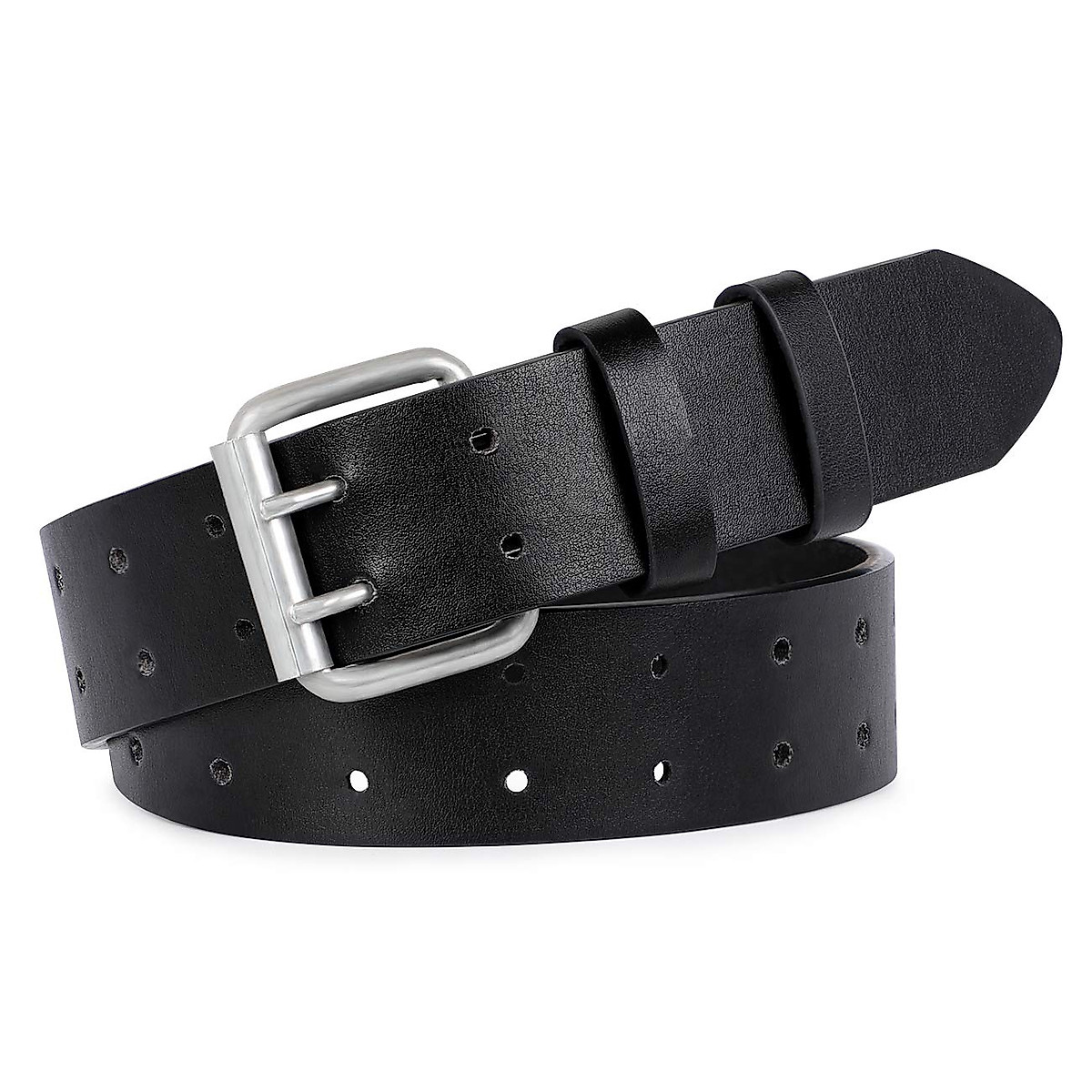 VONMELLI Double Prong Leather Belt Heavy Duty Belt for Men, Double Grommet Holes Belt for Pants A-black