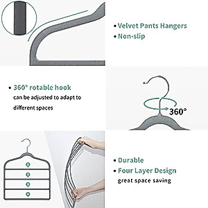Velvet Hangers Pants Hangers Space Saving Hangers for Pants Non-Slip Multiple Closet Hanger Organizer for Trousers Tie Scarf Grey Pack of 4