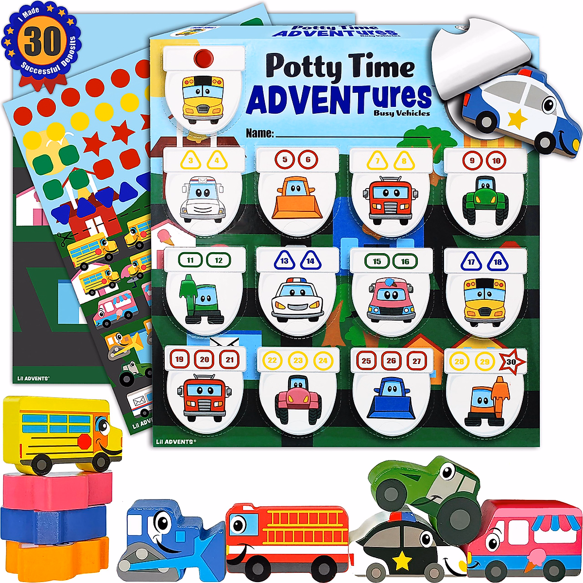 Potty Time Adventures Potty Training Chart for Toddlers by Lil ADVENTS - 14 Wooden Stacking Block Toys - Potty Training Advent Game, Behavior Reward Chart, Car Stickers, Activity Board - Busy Vehicles