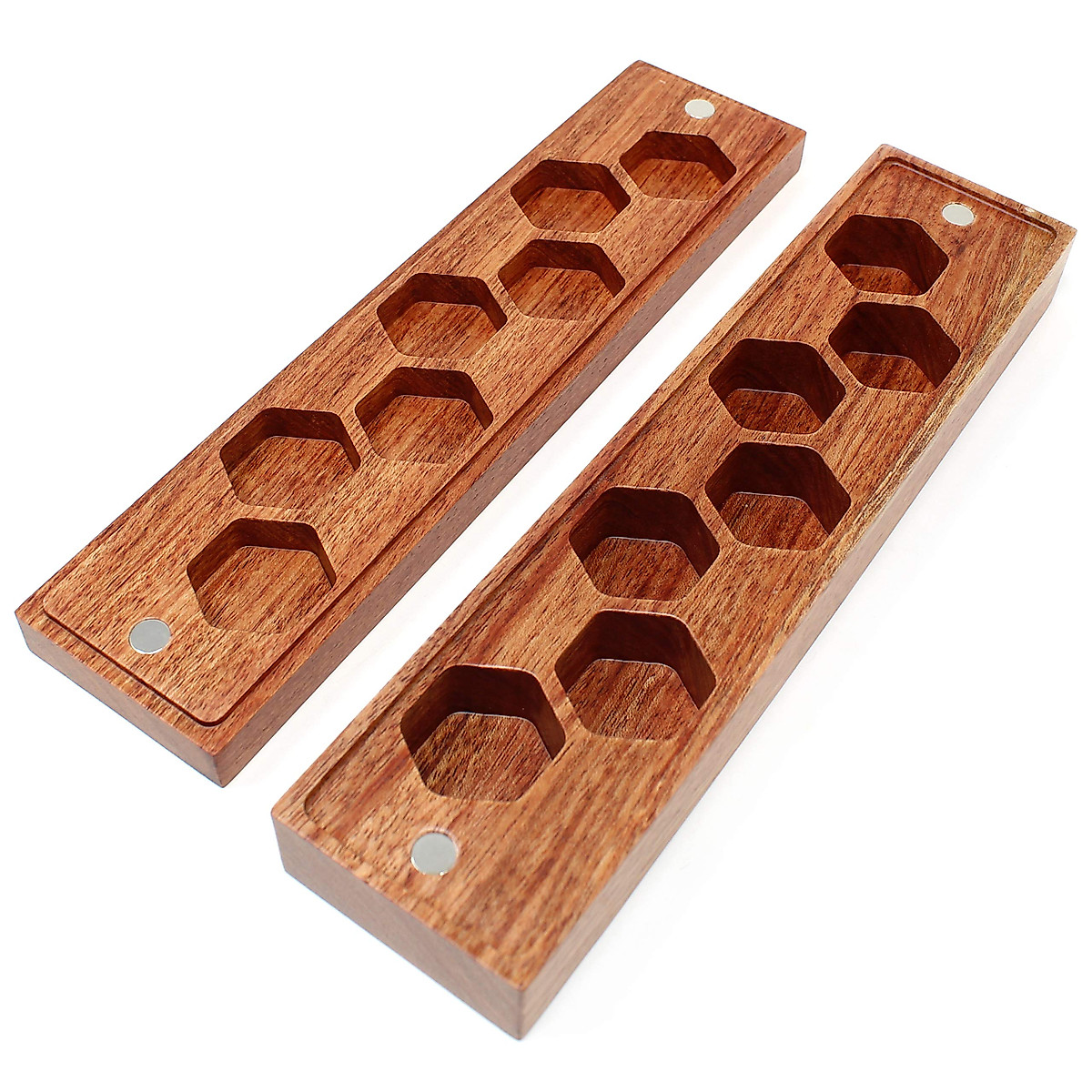 Hexagonal Wood Dice Storage Case with Magnetic Lid - Box Holds Polyhedral 7 Die Set for DND, D&D, RPG - Rosewood
