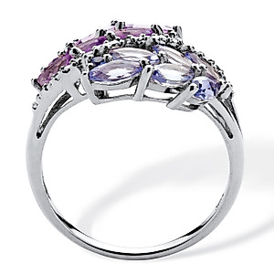 PalmBeach Platinum-Plated Silver Marquise Cut Genuine Amethyst with Marquise Genuine Tanzanite or Topaz and Sapphire Leaf Motif Ring Size 6