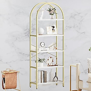 Gyabnw Bookshelf, 5-Tier Arched Bookcase with Metal Frame, Open Modern Bookcase Shelf Storage Organizer for Bedroom, Study, Living Room, and Office(White, Gold)