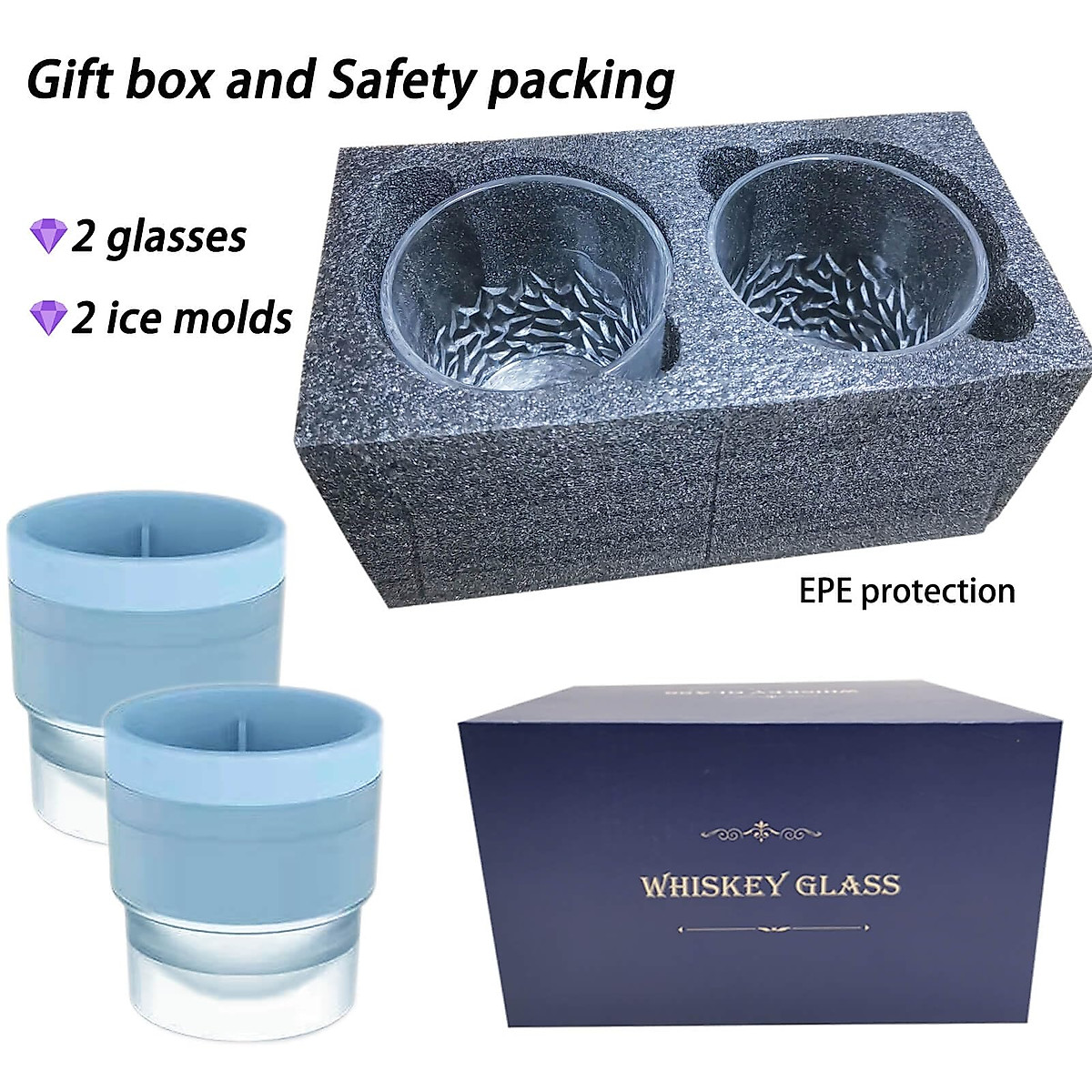 Whiskey Glasses,4-piece set (2 Crystal Glasses, 2 Round Ice Ball Molds) In Gift Box, 10 oz Old Fashioned,2.5 Inches Sphere Ice Ball,Cocktails,Brandy,Whiskey Gift for Men at Home Bar