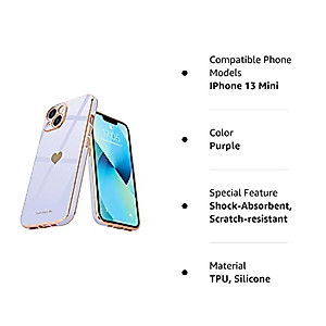 Teageo for iPhone 13 Mini Case for Women Girl Cute Love-Heart Luxury Bling Plating Soft Back Cover Raised Full Camera Protection Bumper Silicone Shockproof Phone Case for iPhone 13 Mini, Purple
