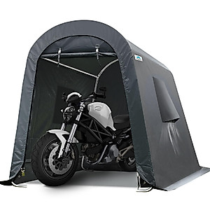 ADVANCE OUTDOOR 6x8 ft Shelter Storage Shed Steel Metal Round Peak Roof Anti-Snow Portable Garage Carport for Motorcycle, Boat, or Garden Tools with 2 Roll up Doors & Vents, Gray