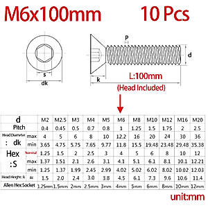 M6-1.0 x 100mm Flat Head Socket Cap Screws Bolts, Stainless Steel 18-8 (304), Bright Finish, Allen Socket Drive,Machine Screws Inner Hex Screw Fasteners Bolts 10 Pcs