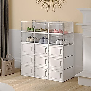 WAYTRIM 15 Pack Stackable Storage Shoe Box, Foldable 6 Clear and 9 White Sneaker Storage Box Dorp Front Shoe Container Organizer Sneaker Storage Drawer Fit to Women Size 12