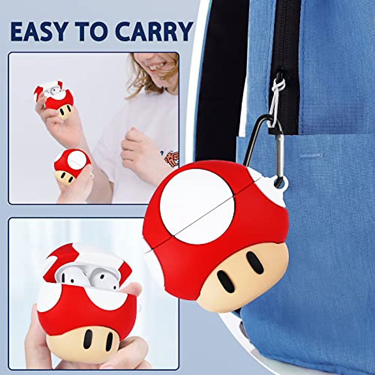 JoySolar for Airpod 1&2 Case Cute Cartoon 3D Soft Silicone Air Pods Funny Cover Kawaii Fun Cool Keychain Design Shell Food Fashion Stylish Girls Kids Teens Women Cases for Airpods (Mushroom)