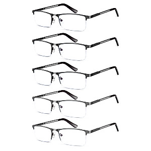 HIGHLIKE 5-Pack Blue Light Reading Glasses for Men, Metal Half Frame Readers Spring Hinge Clear Lens Eyeglasses with Pouches, Semi Rimless 3 Black 2 Gunmetal 3.5 x