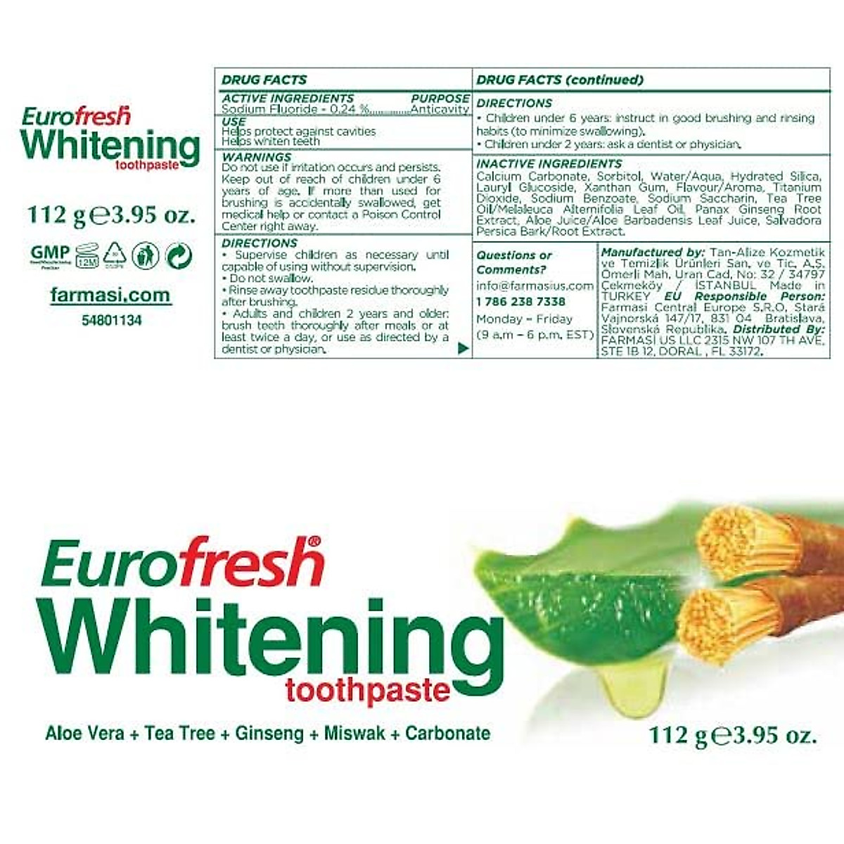 FARMASI Eurofresh Whitening Toothpaste, Provides Sensitive Teeth and Oral Care, It Refreshes The Breath and Provides a Solution to Tea and Coffee Stains, 3.7 fl. oz / 112 ml