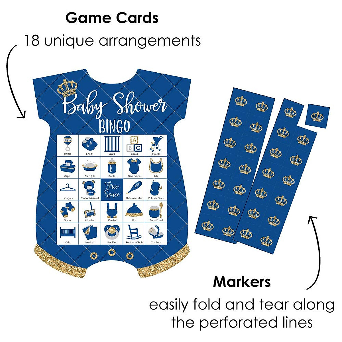 Big Dot of Happiness Royal Prince Charming - Picture Bingo Cards and Markers - Baby Shower Shaped Bingo Game - Set of 18