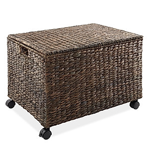 Casafield Rolling Storage Basket Cart with Lid and Locking Wheels, Espresso - Handwoven Water Hyacinth Divided Recycling Sorting Bin for Kitchen, Laundry Room, Garage