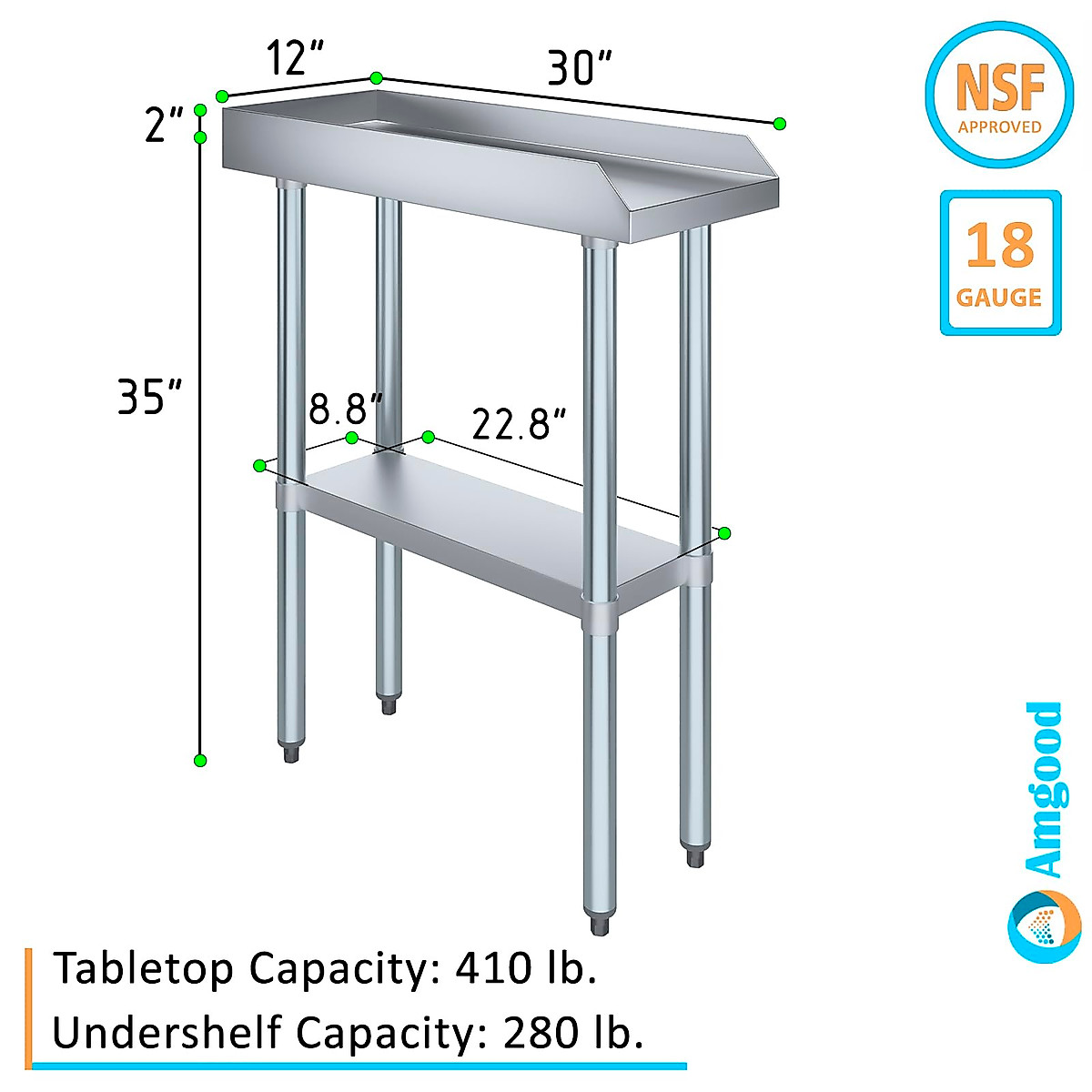 AmGood Commercial Work Table with Backsplash and Sidesplashes | Height: 35" | Stainless Steel Prep Table for Kitchen, Restaurant, Garage, Laundry | NSF (12" Long x 30" Deep)