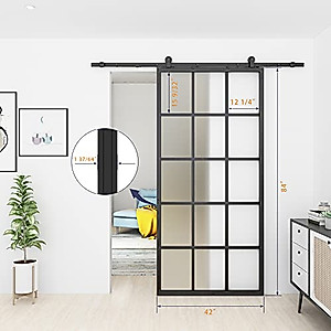 BARNSMITH 42in x 84in Frosted Glass Barn Door with 7FT Top Mounted Hardware kit Soft Close Mechanism DIY 15 Lites Tempered Modern Aluminum Sliding Glass Door Slab Disassembled Easy Installation