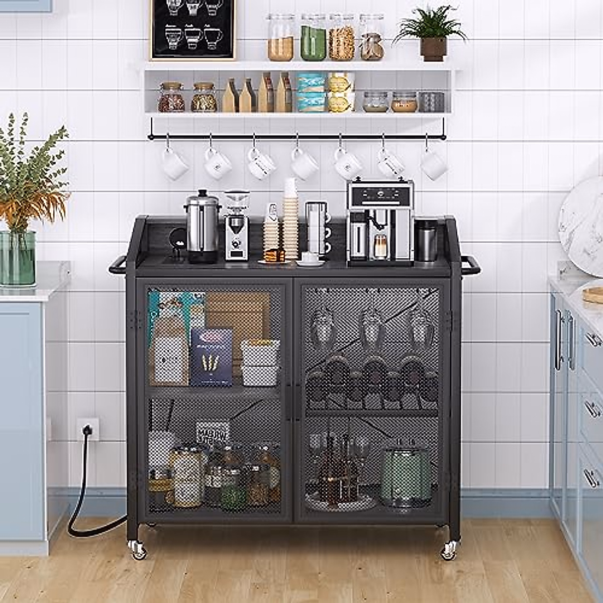 Cyclysio Sideboard Buffet Cabinet with Power Outlets, Wine Bar Cabinet with LED Lights Kitchen Cabinet Modern Accent Buffet Cabinet with Door for Bedroom, Living Room, Kitchen, Office Grey