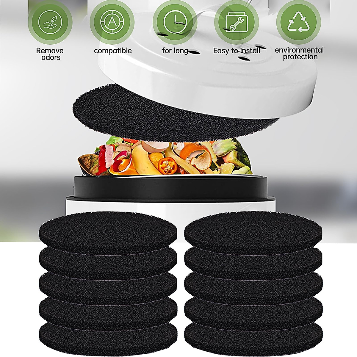 LXIANGN 6.7inch Kitchen Charcoal Filters Compost Bin Replacement Carbon Filter Round for Trash Cans, Compost Buckets, Countertop and Recycle Bins (10 Pack)