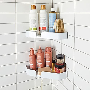 Juvale Bathroom Corner Shelves with Hooks, Wall Mounted Shower Caddy Shelf (White, 2 Sets)
