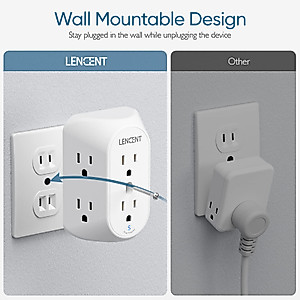 LENCENT 2 Prong Power Strip, 3 to 2 Prong Grounding Outlet Adapter, Polarized Plug, Surge Protector, 3-Sided 6 Outlets Widely Spaced Extender, Mountable Wall tap for Non-Grounded Outlet