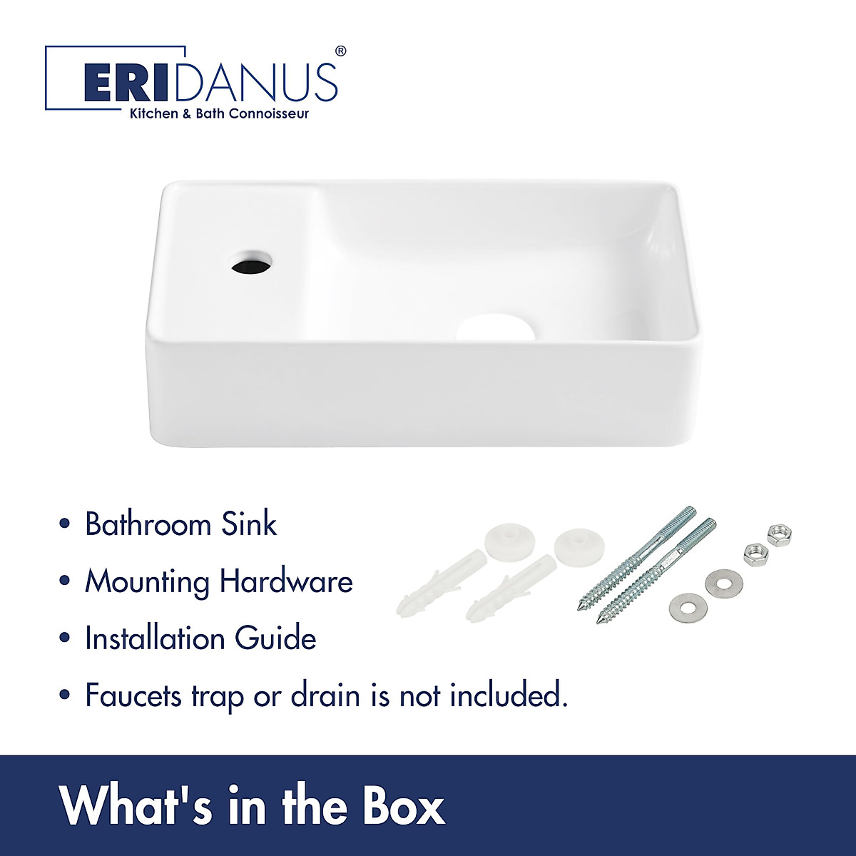 Bathroom Sink 18" x 10" Rectangle, Eridanus Wall Mount Vessel Sink Floating, Modern White Ceramic Porcelain Vitreous Countertop Wash Basin Wall Hang Bowl Space Saving Small Sinks