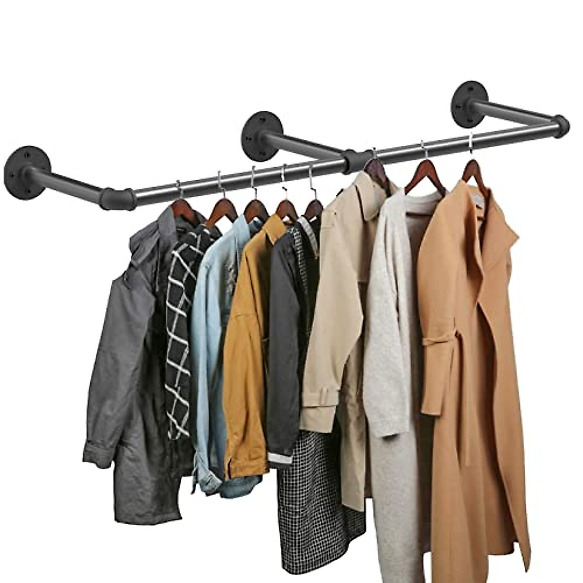 MOUTIK Industrial Pipe Clothes Hanging Rack: Wall Mounted Iron Clothing Storage Hanger Rod - Heavy Duty Multi-Purpose Metal Garment Bar for Closet Laundry Room Black