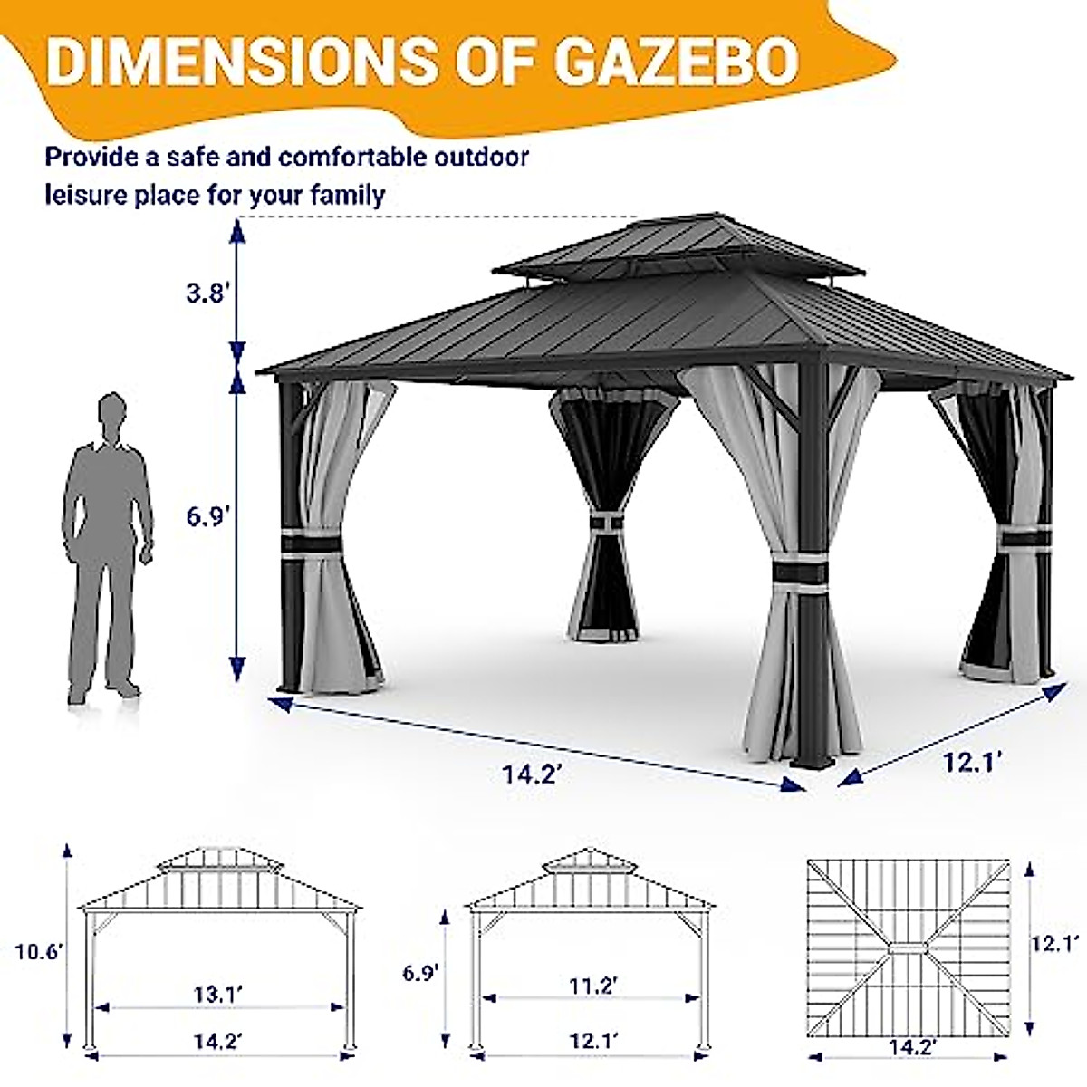 VONZOY 12' x 14' Hardtop Gazebo, Heavy Duty Double Roof Galvanized Steel Outdoor Metal Gazebo with Nettings & Curtains, Aluminum Gazebo with Vertical Stripes Roof for Patio, Backyard, Lawns [Grey]