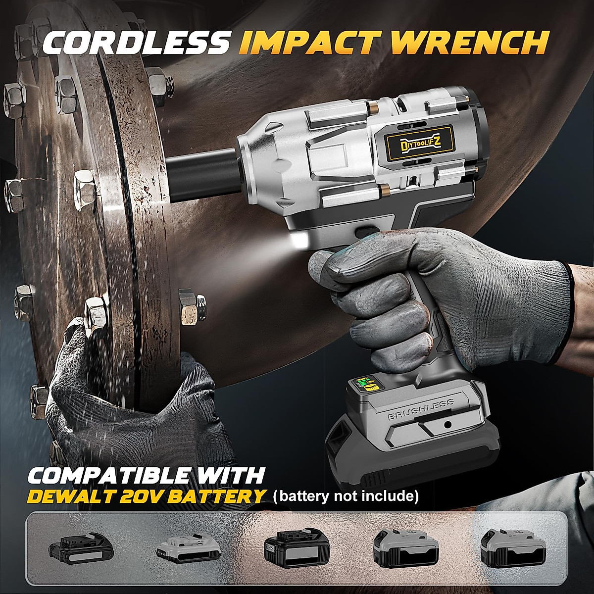 Cordless Impact Wrench 1/2 inch for DeWalt 20v Battery, Impact Wrench 900Ft-lbs(1200N.m) High Torque Brushless Electric Impact Gun, Power Impact Driver with 4-Mode Speed, LED Work Light(no battery)