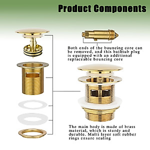 Freestanding Tub Drain (Brass), Pop-Up Bathtub Drain Kit, Detachable Drain Cover That Can Be Filtered, Easy to Clean, Suitable for Freestanding Bathtub Drain Kit, with Replaceable Pop-Up Bolt (Gold)