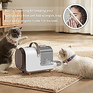 Bunfly Pet Clipper Grooming Kit & Vacuum Suction 99% Pet Hair, 7 Pet Grooming Tools, 3L Large Capacity Easy Clean Dust Cup for Pet Hair, Home Cleaning（Brown）