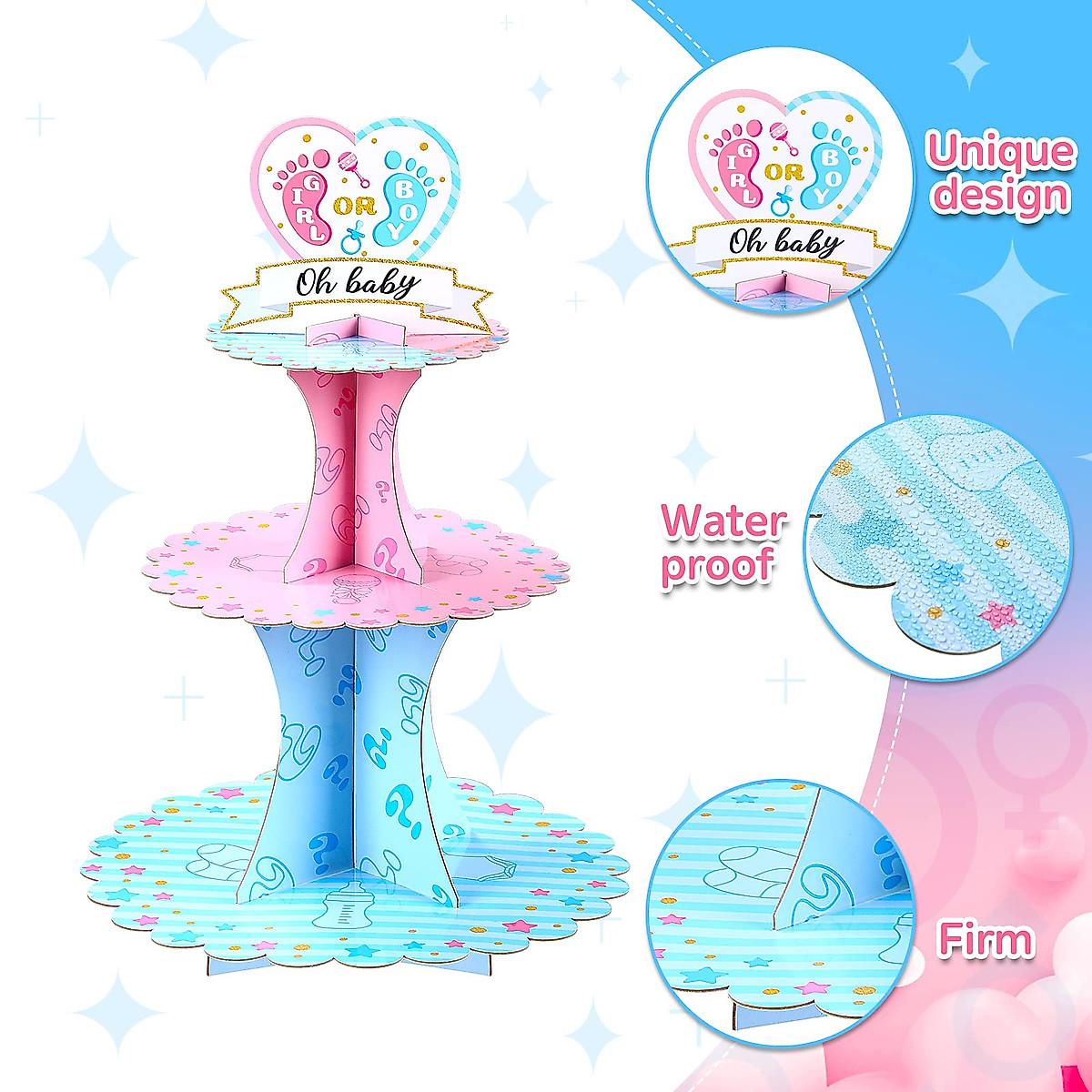 Gender Reveal Party Cupcake Stand Decorations, Blue and Pink 3 Tier Baby Shower Cupcake Toppers Tower Cardboard Supplies for Boy Girl Baby Gender Reveal Birthday Party Favors