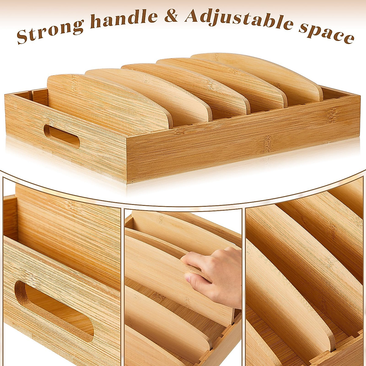 Leinuosen Set of 2 Kitchen Cabinet Organizer for Storage Lid Organizer Bamboo Drawer Organizer Kitchen Pantry Lid Holder with 5 Adjustable Dividers for Plastic Lids Organization Kitchen Covers Storage