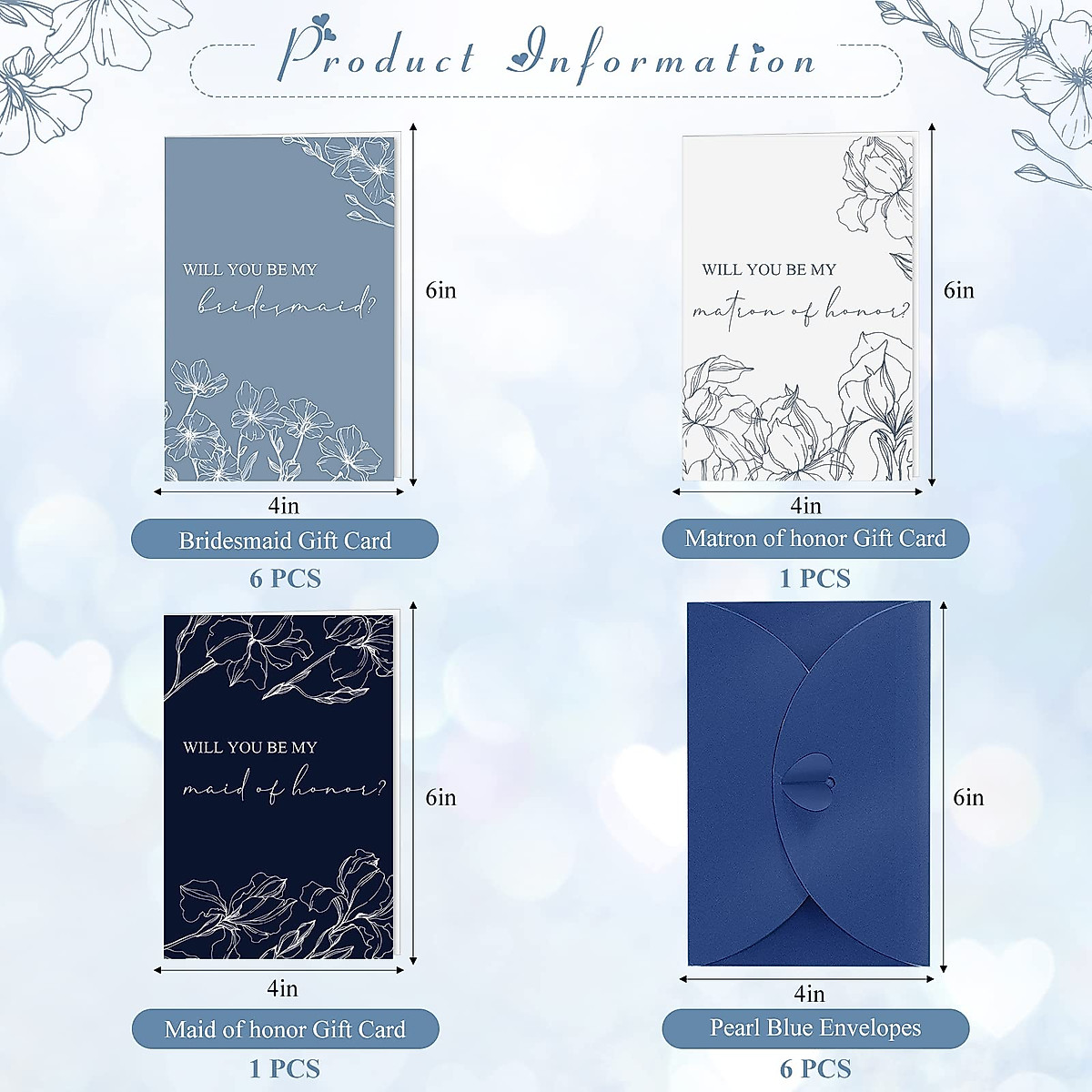 Glenmal 16 Pcs Will You Be My Bridesmaid Cards with Envelopes Bridesmaid Proposal Card Maid of Honor Invited Wedding Bridal Shower Favor (Blue)